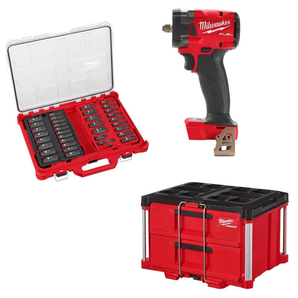 NEW Milwaukee M18 Wrench Bare, 36-Piece Socket Set, 2-Drawer Tool Box ...